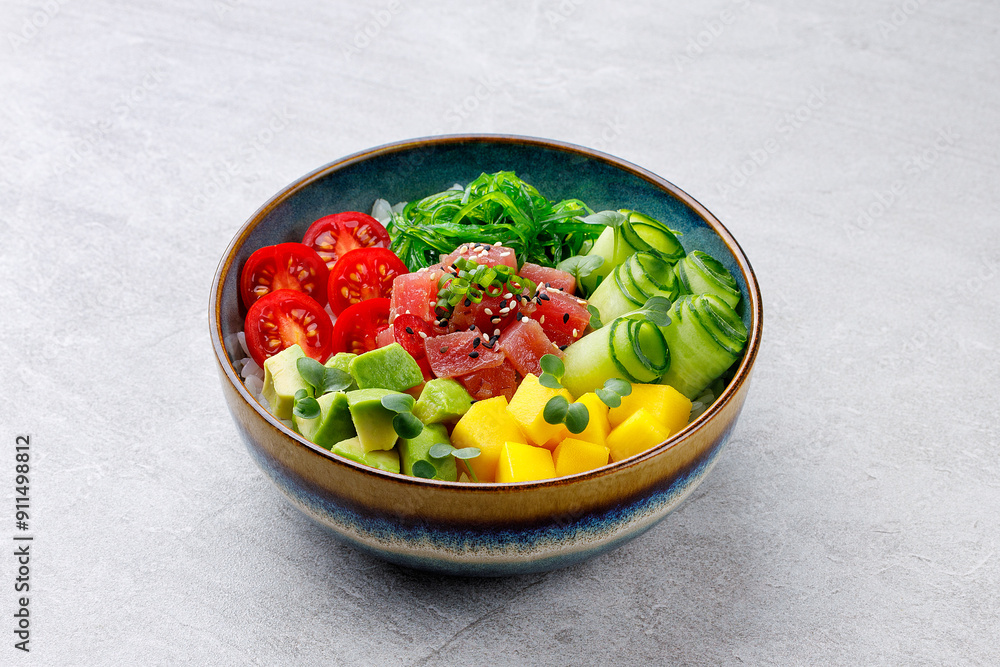 Healthy tuna poke bowl overhead top view. Poke is a traditional ...