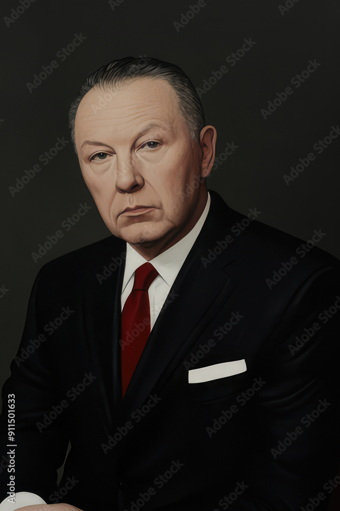 The portrait displays an older man in a black suit and red tie, exuding ...