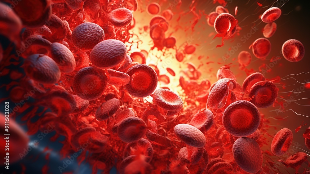 A detailed, microscopic view of red blood cell destruction, showing a ...