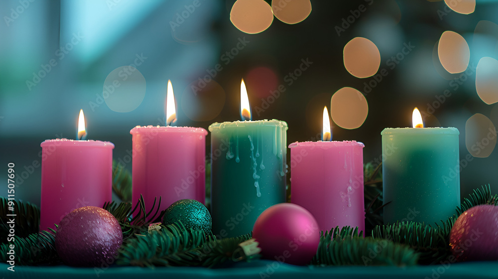 5th Advent with green and one pink candle, holiday colors and festive ...
