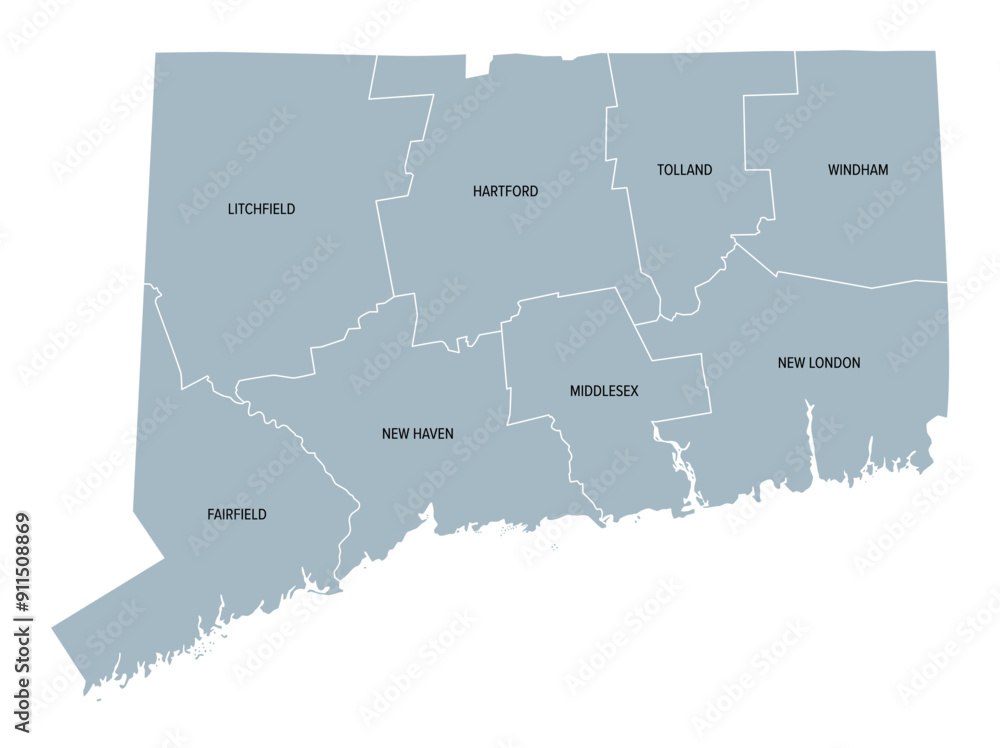 Connecticut, U.S. state, subdivided into 8 counties, gray political map ...
