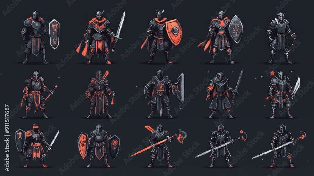Sprite sheet of 32x32 pixel art dark knights with swords and shields in ...
