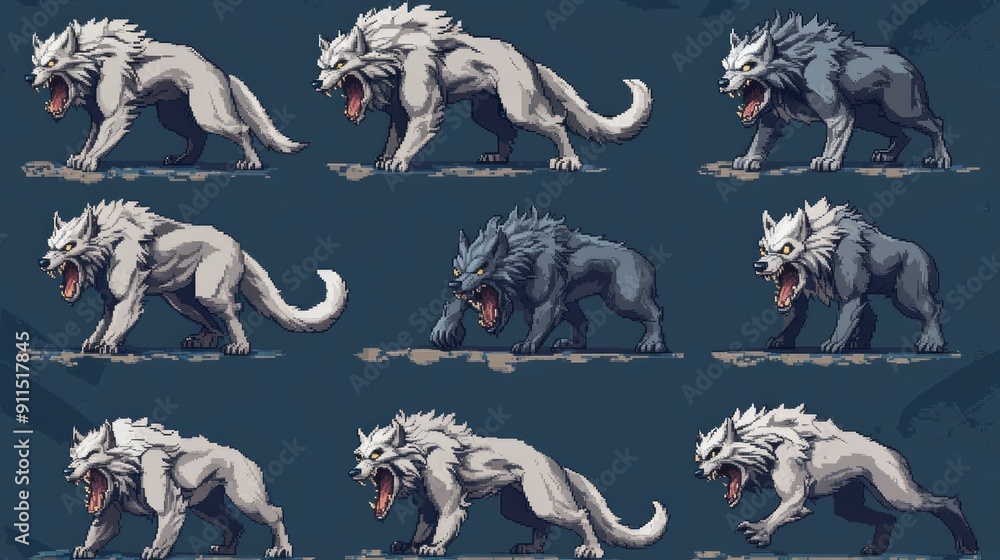 Sprite sheet featuring 32x32 pixel art werewolves in different attack ...