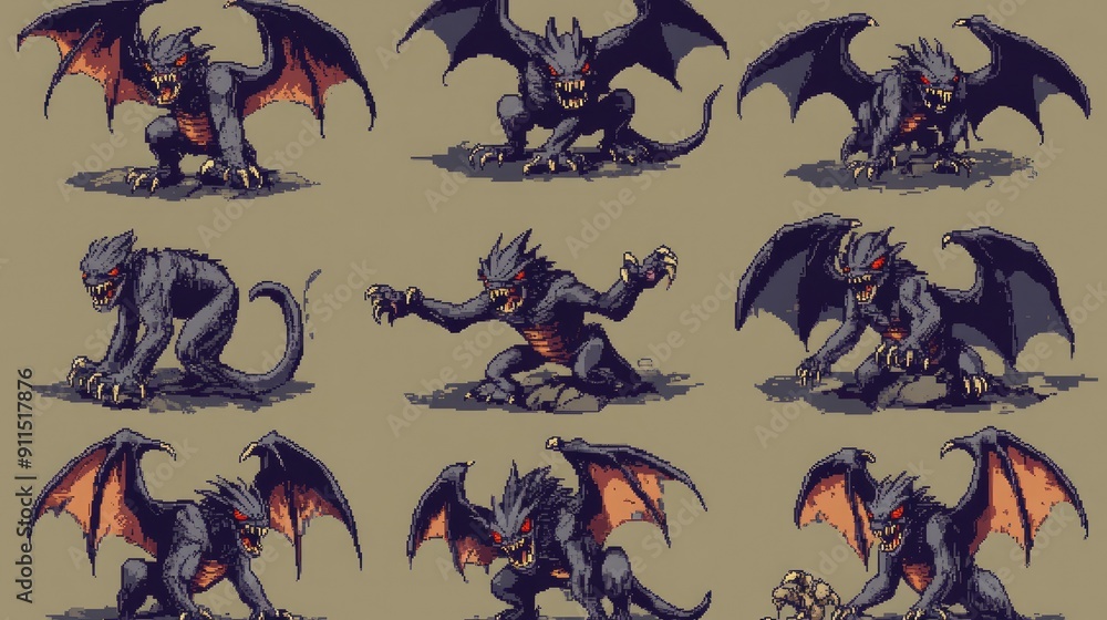 Sprite sheet featuring 32x32 pixel art gargoyles in different attack ...