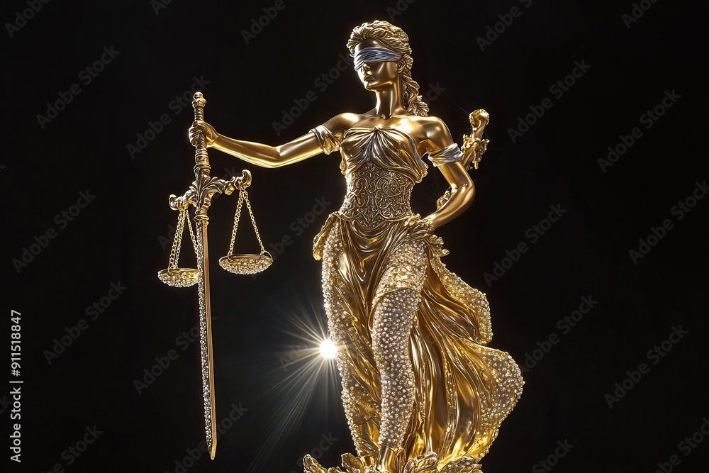 Gold statue of Lady Justice with scales and sword encrusted with diamonds, studio matte Black ...