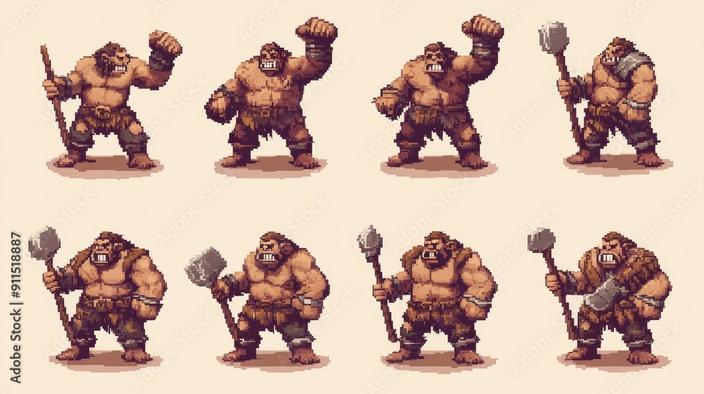 32x32 pixel art ogres with clubs in various attacking and idle poses ...