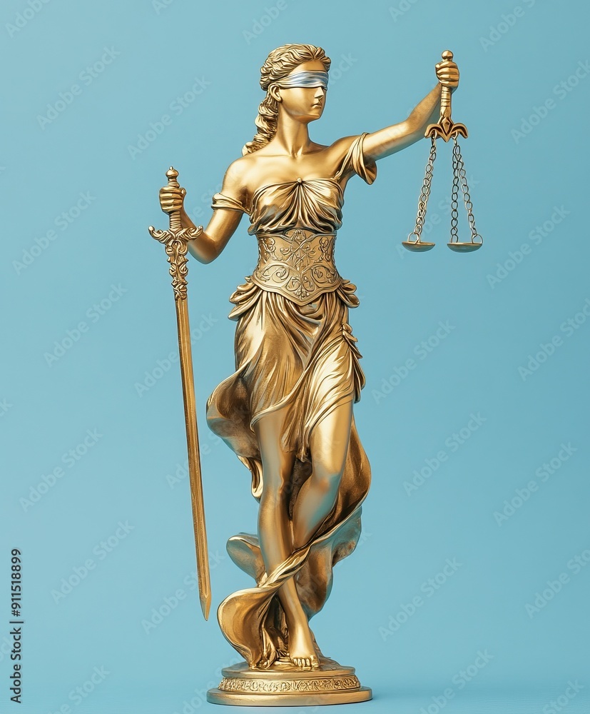 Gold statue of Lady Justice with scales and sword encrusted with ...
