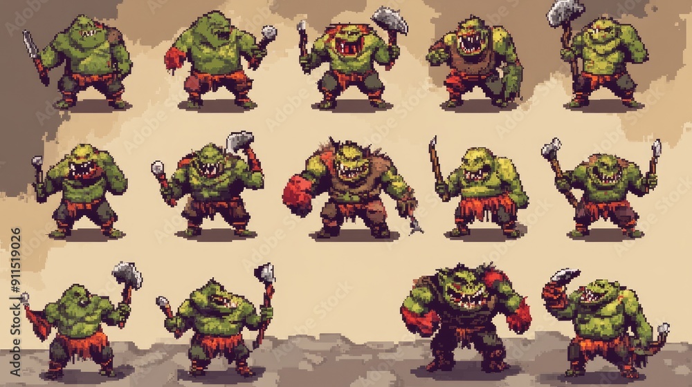 32x32 pixel art ogres with clubs in various attacking and idle poses for a fantasy dungeon game ...