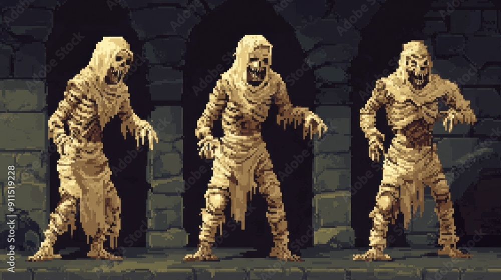 32x32 pixel art mummies in various walking and attacking poses for a ...