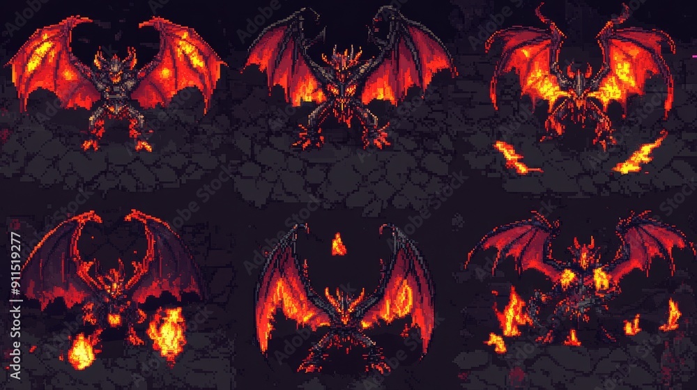 32x32 pixel art demons with wings and fire effects in various poses for ...