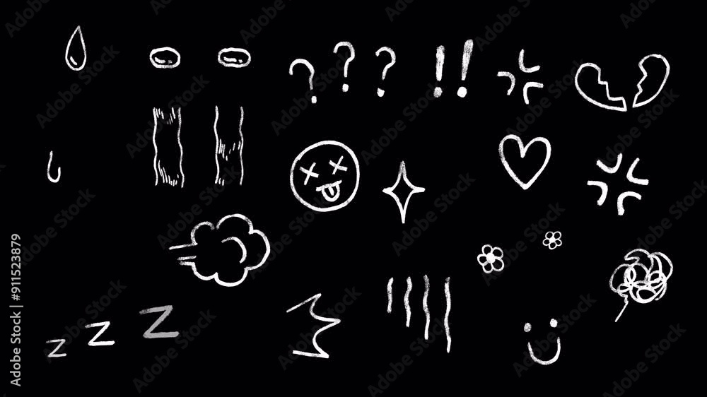 Cute doodle icons of emotion expression, effect symbols rough pencil ...