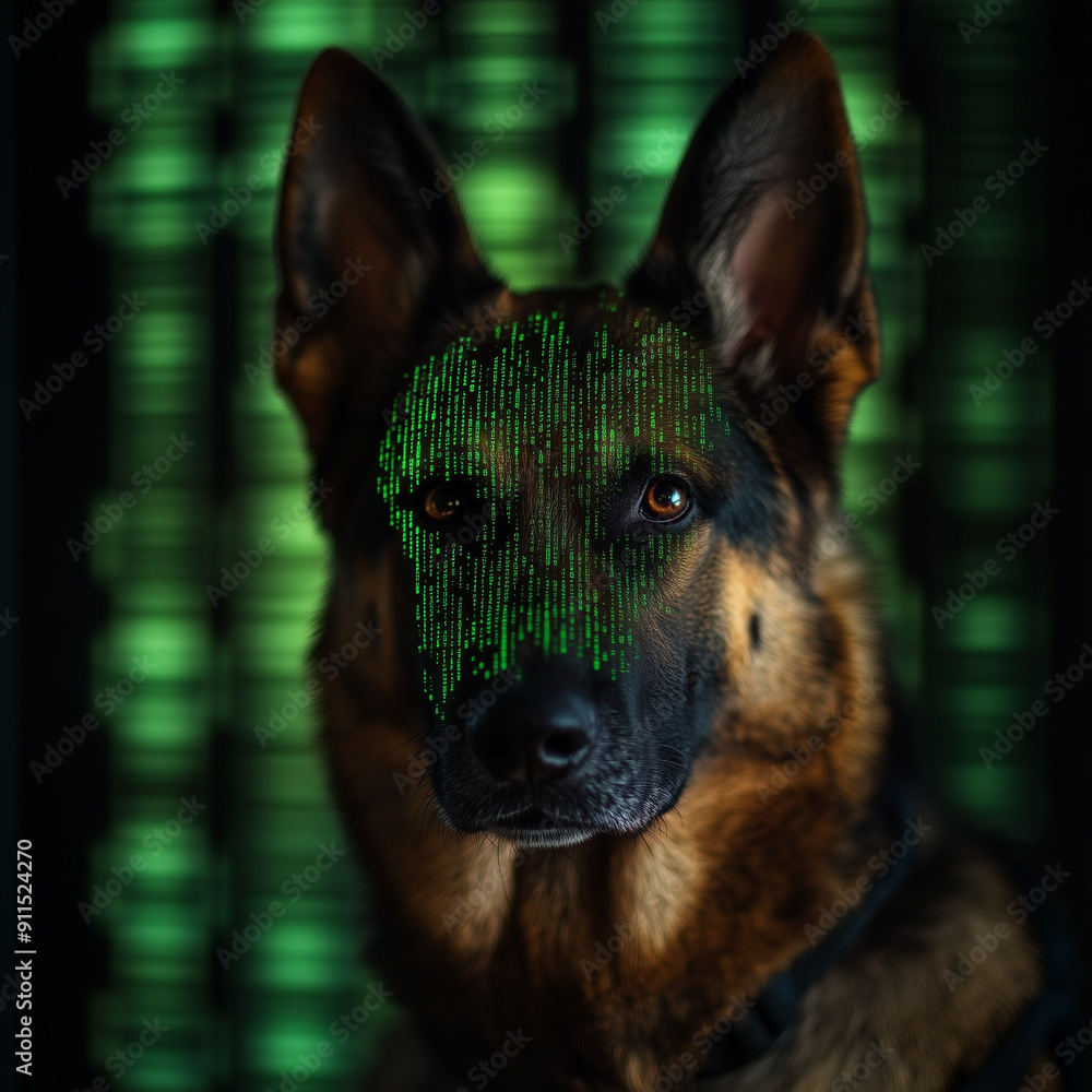 A German Shepherd dog’s face partially overlaid with matrix-like ...