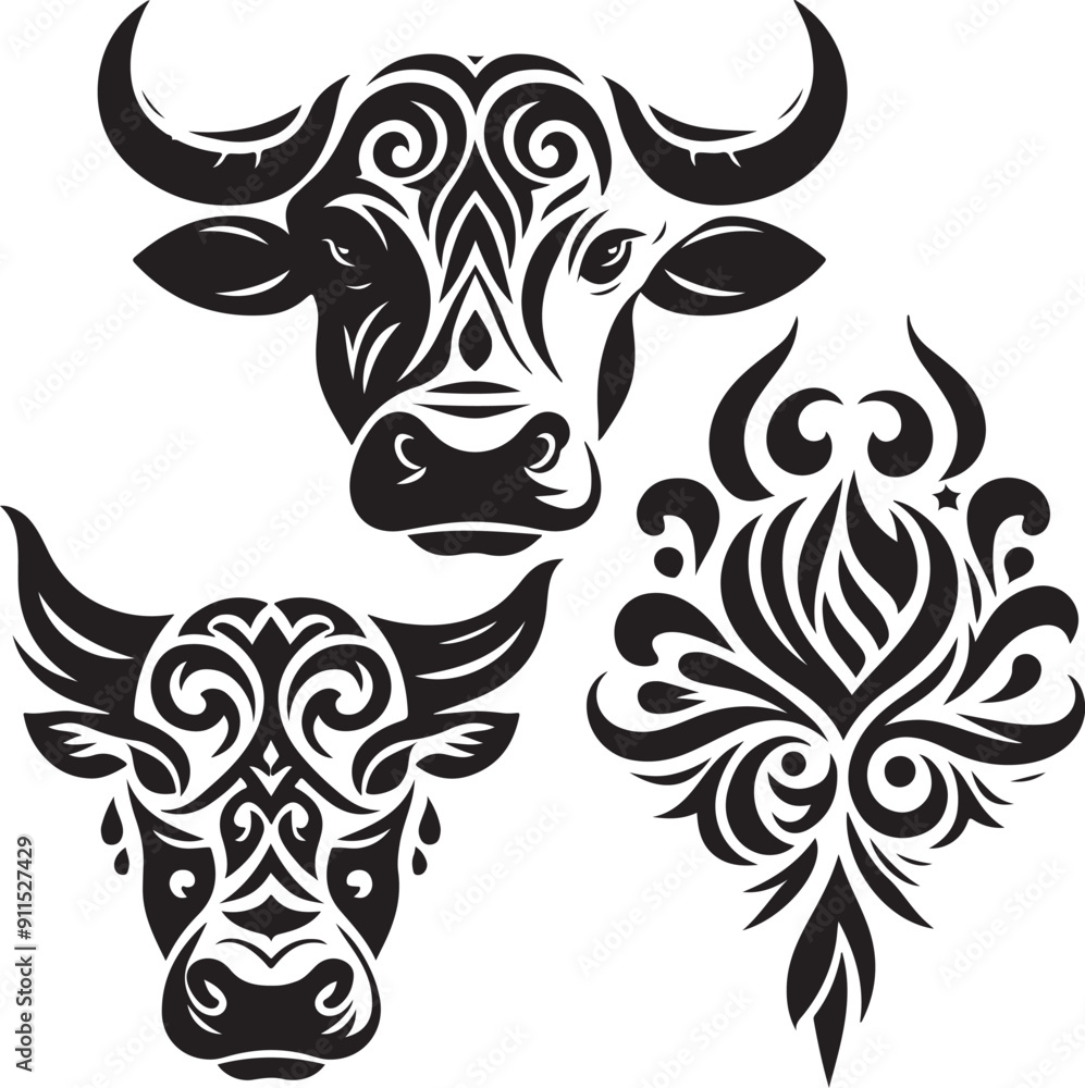 head of a bull Cow face set silhouette, tribal tattoo vector white ...