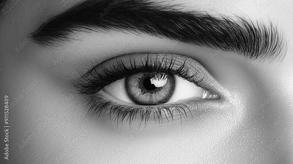 A closeup of an eye with a focus on the eyelashes and eyeball The image ...