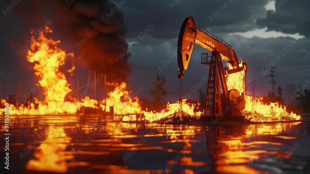 Flames engulf an oil pumping station as smoke billows into the sky ...