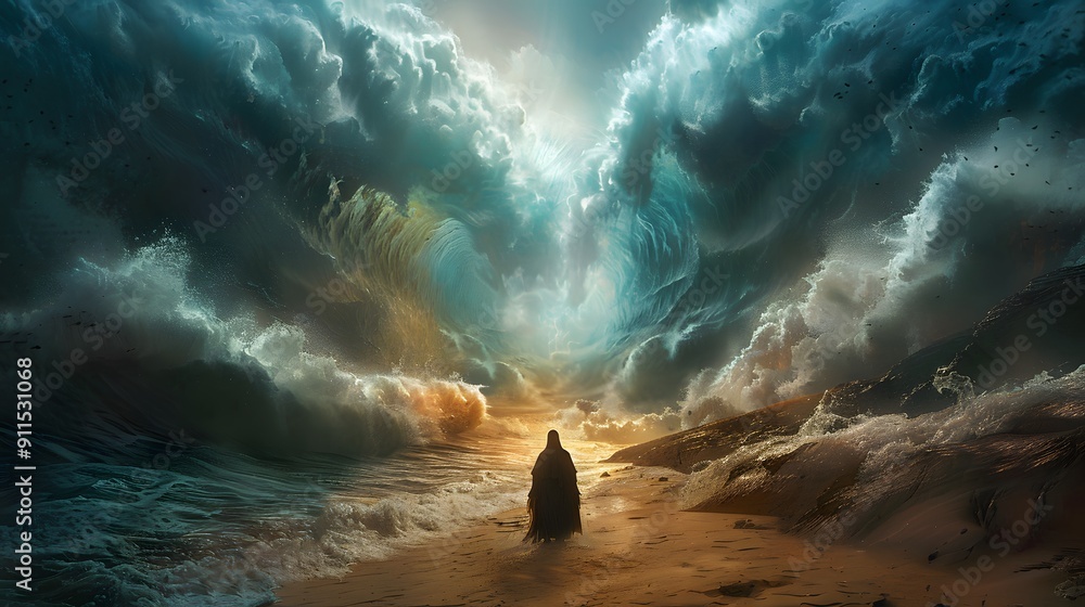 An epic moment of Moses parting the Red Sea with immense force ...