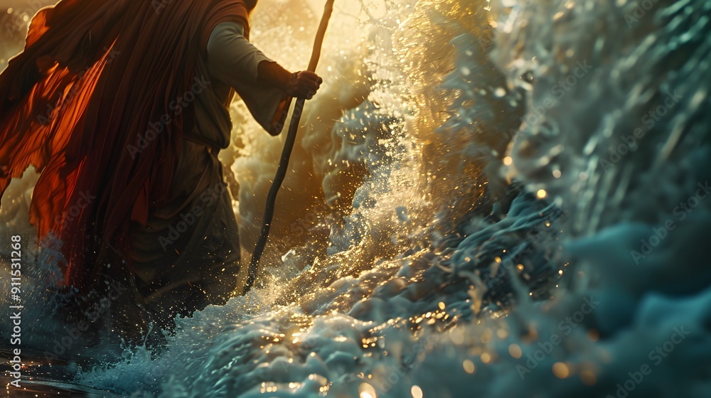 An epic moment of Moses' staff touching the Red Sea, causing it to ...