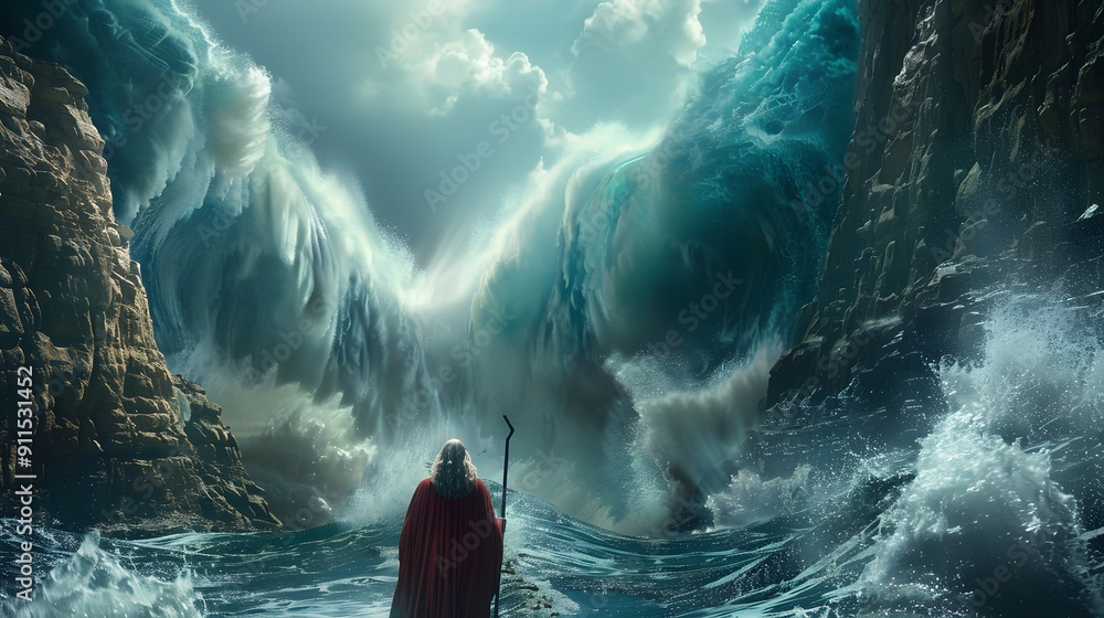 An epic scene of Moses at the forefront, staff in hand, as the Red Sea ...
