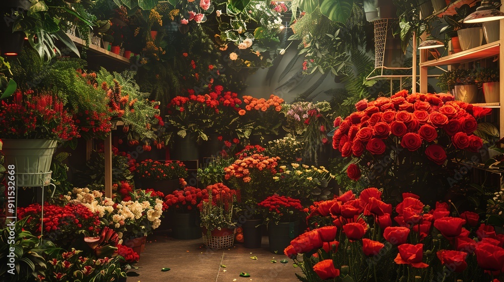 background with overflowing flower shop floor with different types of ...
