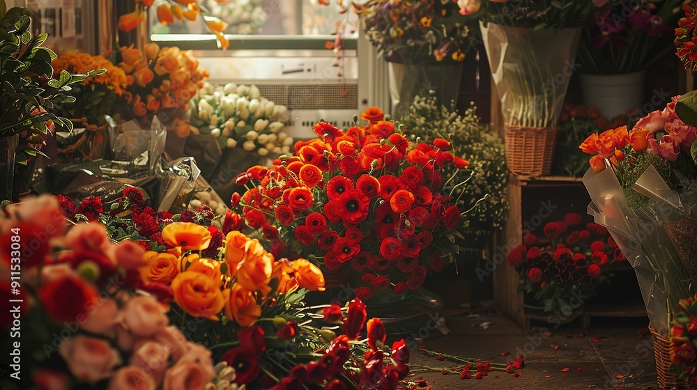 background with overflowing flower shop floor with different types of ...