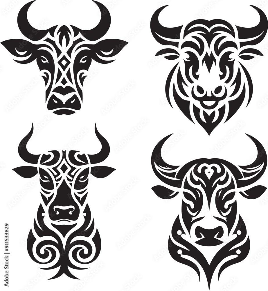 head of a bull Cow face set silhouette, tribal tattoo vector white ...