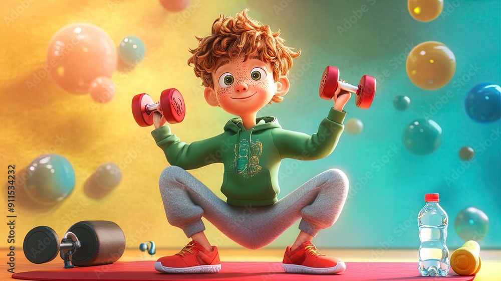 Whimsical Cartoon Boy Lifting Weights: Perfect Poster for Kids' Fitness ...