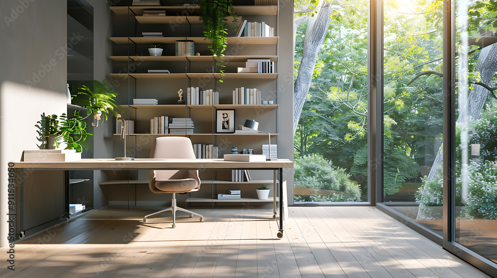 Modern home office with natural light and green view, a bright and airy ...