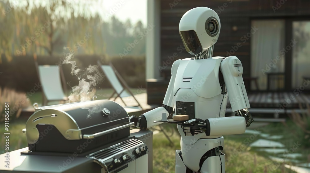 Barbecue concept. A robot with artificial intelligence cooking meat in ...