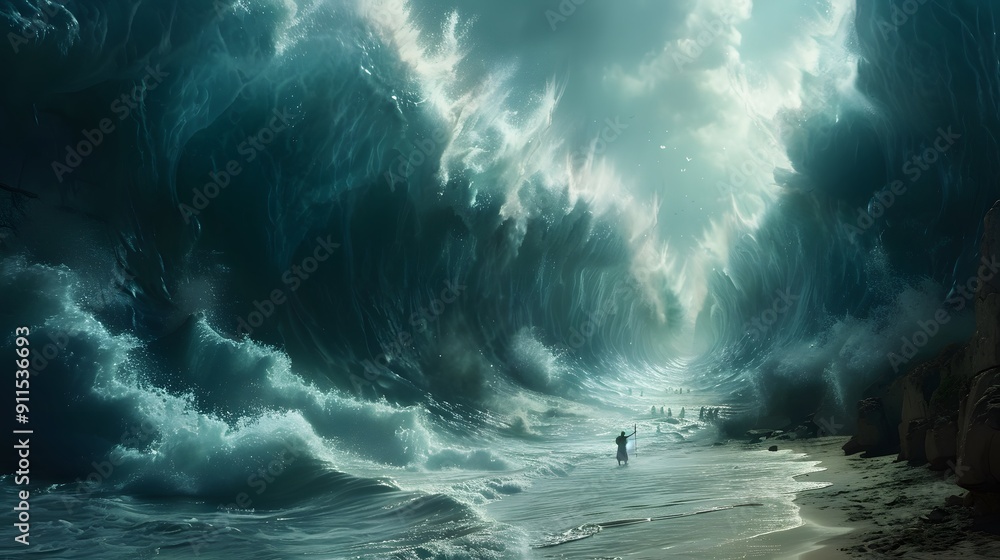 A dynamic scene of Moses' staff commanding the Red Sea to part, with ...