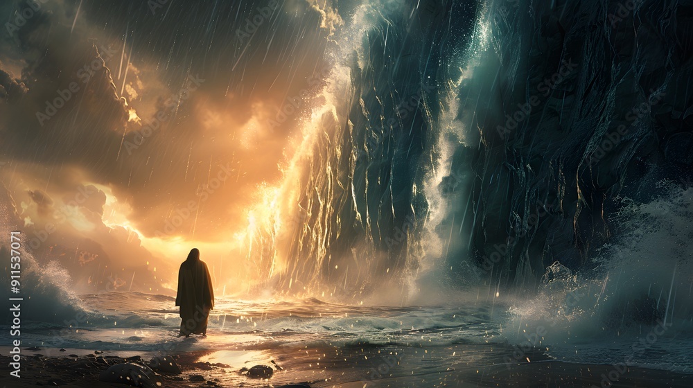 A dynamic scene of Moses with unwavering faith, parting the Red Sea ...