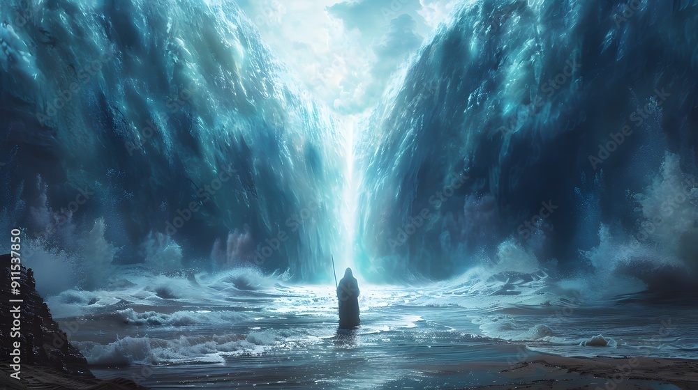 An epic depiction of Moses with his staff, parting the Red Sea, the ...