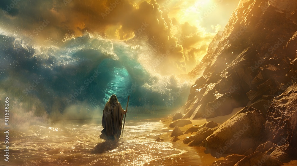 An epic scene of Moses standing resolute, parting the Red Sea with his ...