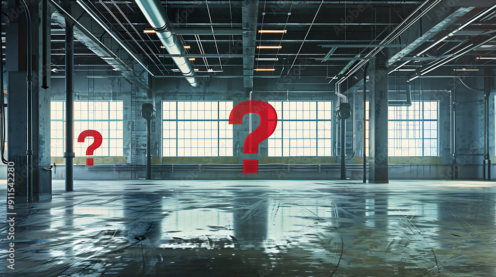 Red question marks in a dusty industrial warehouse with warm sunlight ...