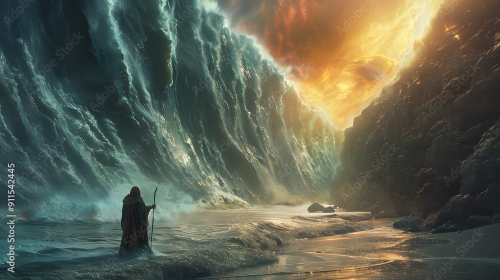 Moses stands resolute, staff in hand, parting the Red Sea, the water ...