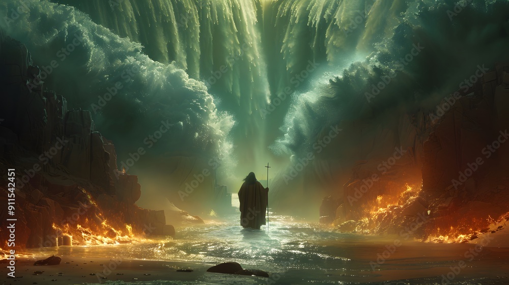 Moses stands resolute, staff in hand, parting the Red Sea, the water ...