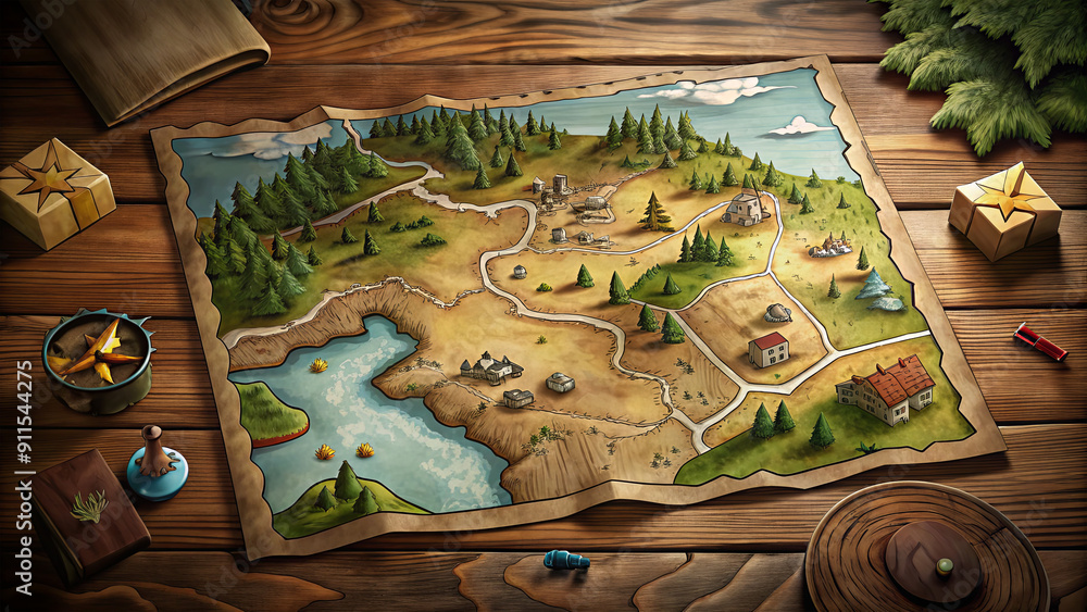 Poster A hand-drawn map displays diverse landscapes, including forests ...