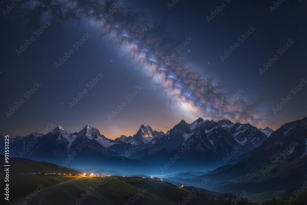 Beautiful, wide blue night sky with stars and Milky way galaxy ...