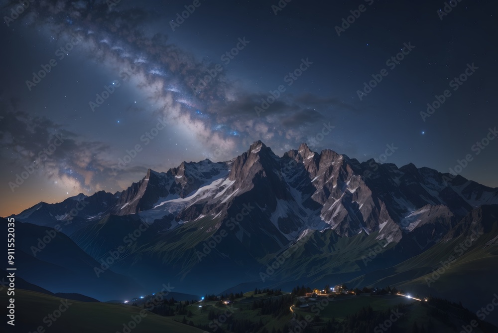 Beautiful, wide blue night sky with stars and Milky way galaxy ...