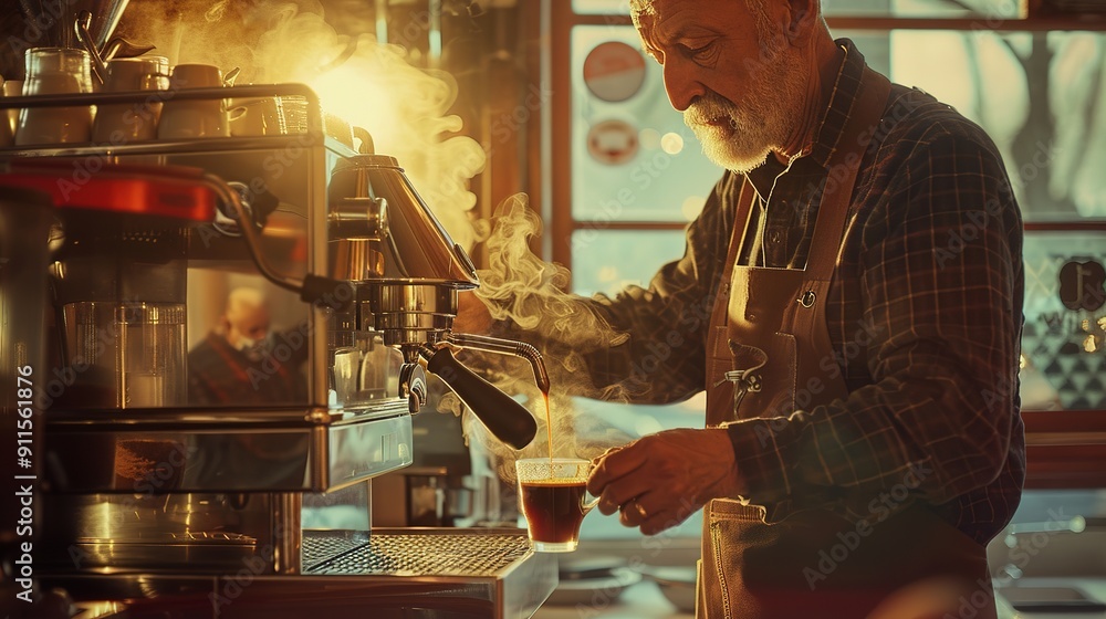 vintage stylish cafe, mature man with a rugged appearance, pouring ...