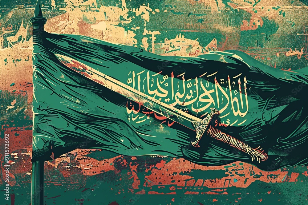This pop art-style illustration of the Saudi Arabian flag features bold ...