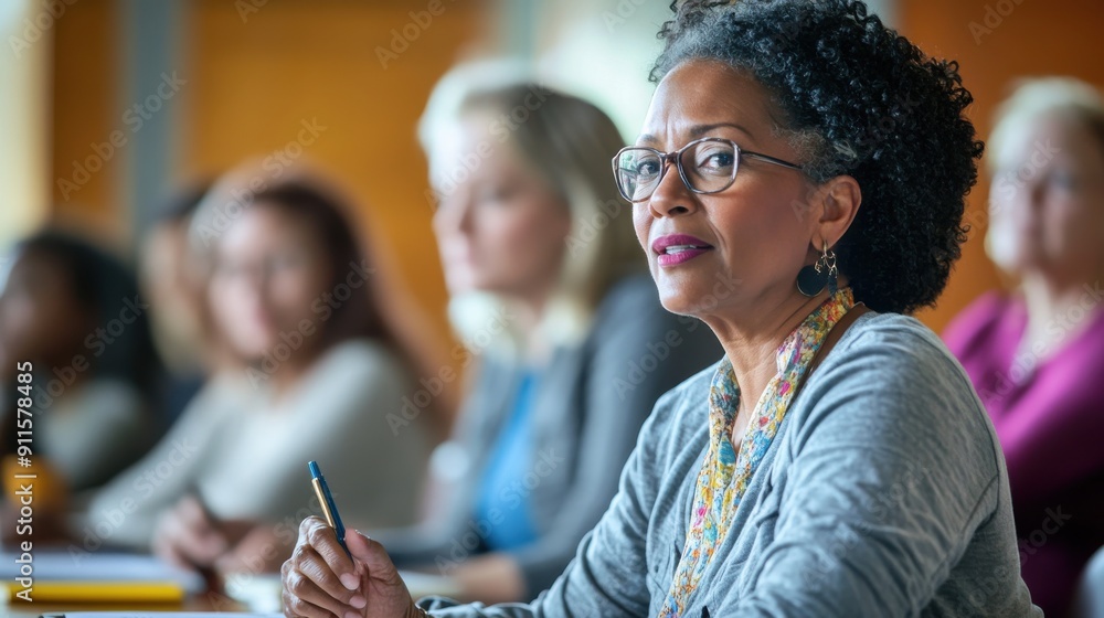 An adult education class in session, with a diverse group of adults of ...