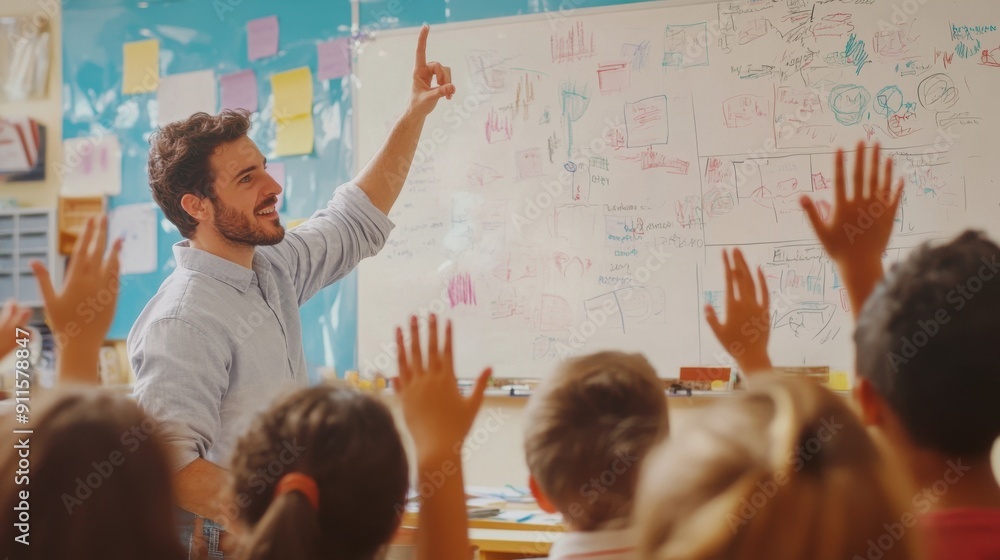 A teacher standing in front of a classroom, pointing at a whiteboard ...