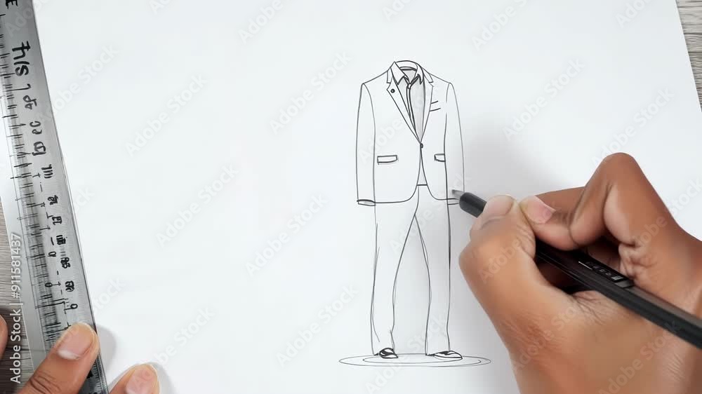 The camera focuses on a fashion illustrators hand as they use a ruler ...
