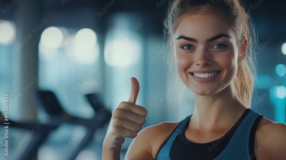 Caucasian female fitness trainer smiling at camera with thumb up in ...
