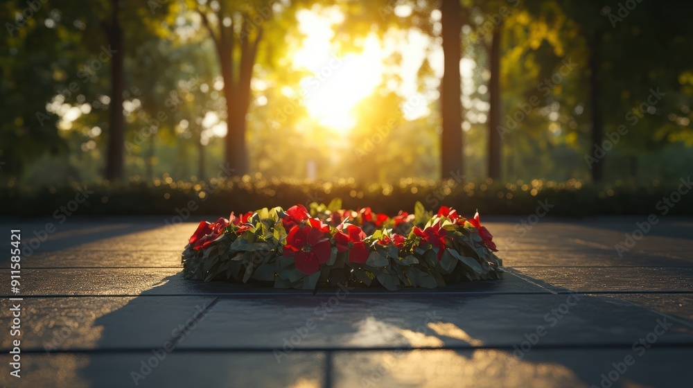 ceremonial wreath being laid at war memorial with soft light and ...
