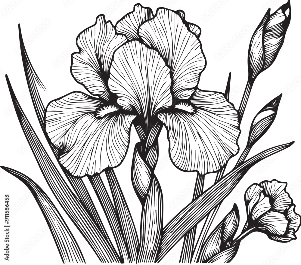 Vetor de Iris flower drawings, iris line drawing, pencil iris flower ...