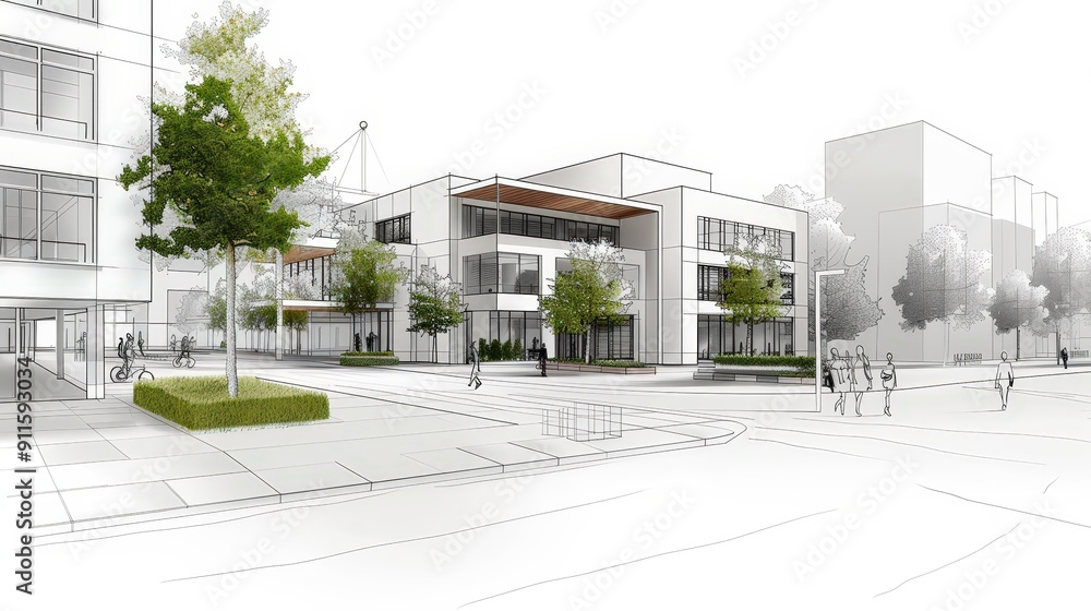 Artistic sketch of a modern urban plaza with green spaces, Urban ...