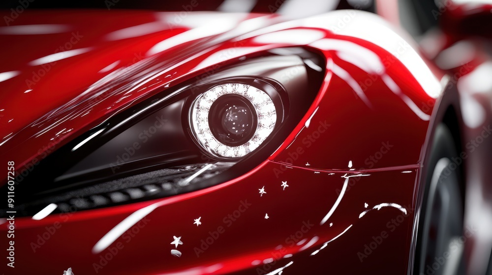 Headlights and hood of sport red car with silver stars. headlight of a ...