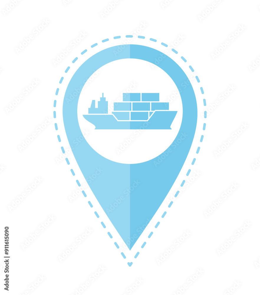 Blue map pin icon with ship inside and dotted line around, isolated on ...