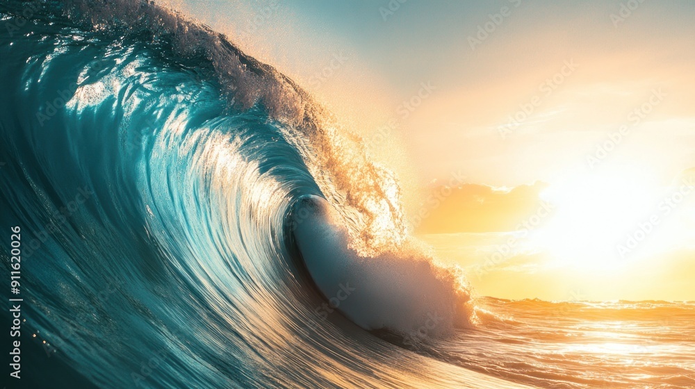 Huge turquoise waves form a see-through barrel, surrounded by sun ...